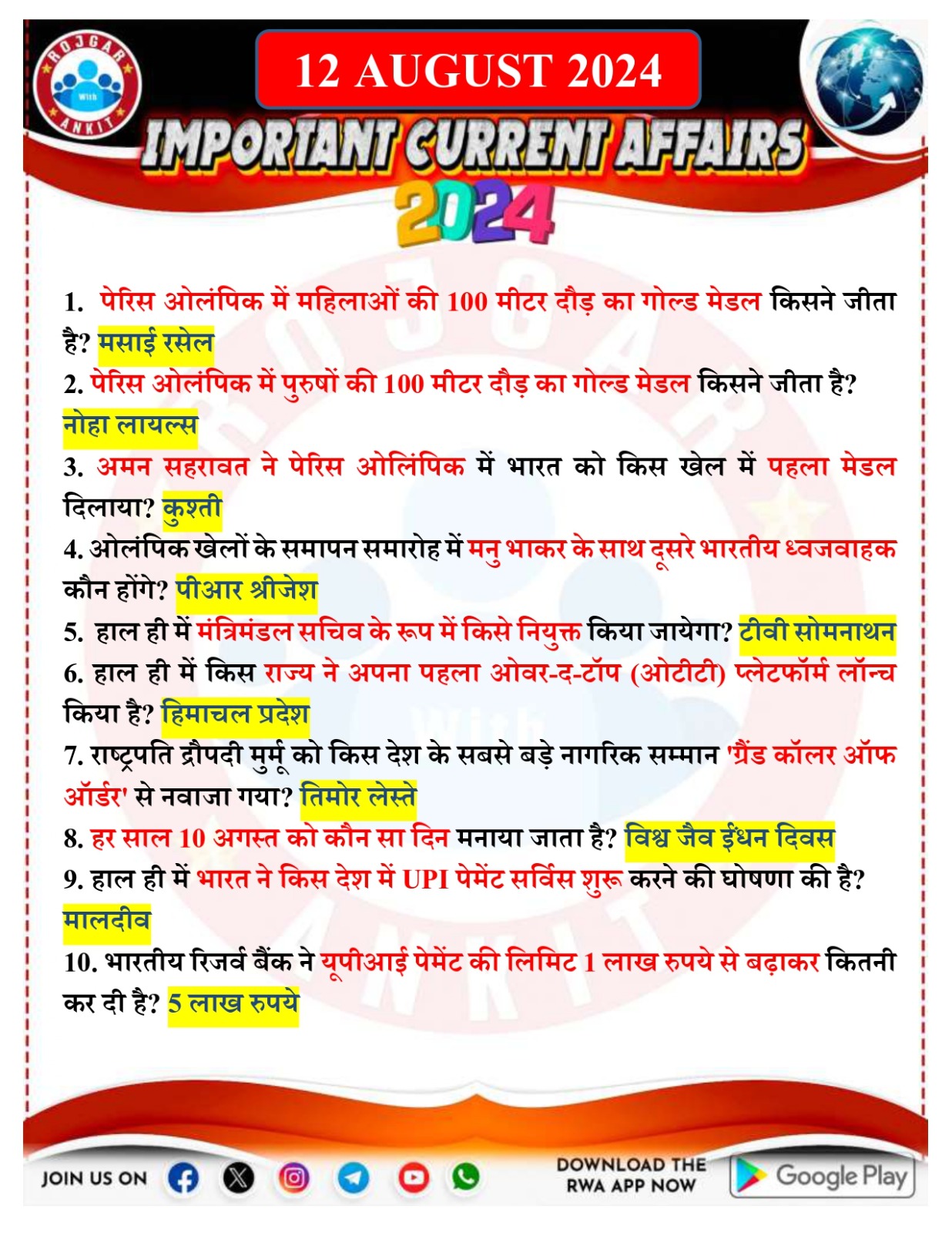 12 August Current Affairs Rojgar With Ankit 2024 - Rojgar With Ankit